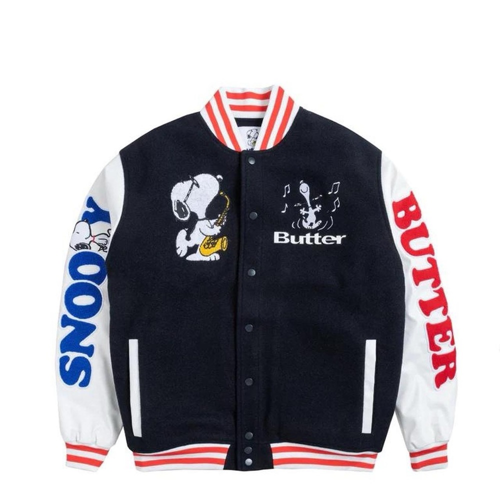 Xl Snoopy Butter Letterman Black And White Jacket - Gem
